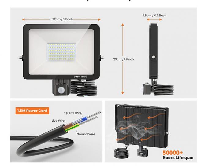 Outdoor 4500K PIR LED Flood Light 5000 Lumens IP66 Weatherproof